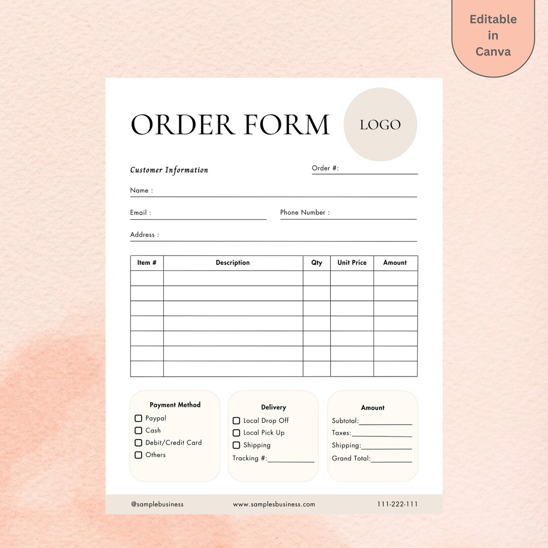 Editable Order Form Template Small Business Order Forms Order Form ...