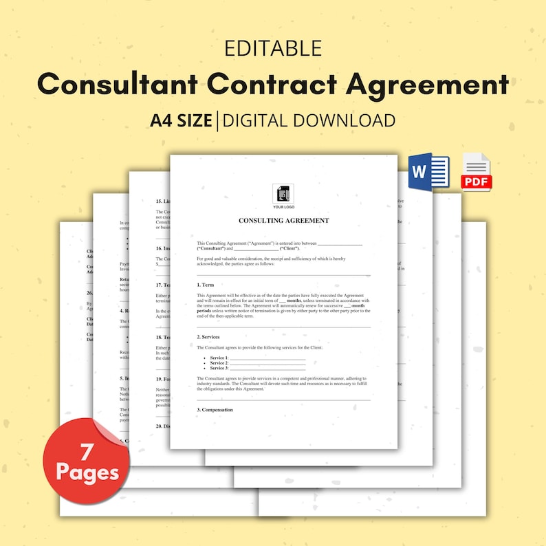 Consultant Contract Agreement Form, Consulting Agreement, Contract Template, Consultant Legal ...