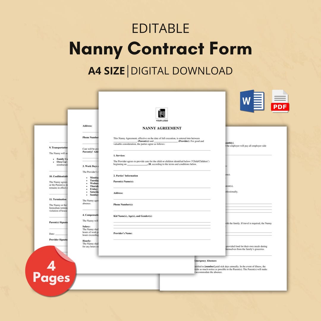 Nanny Contract Form, Nanny Agreement Template, Childcare Contract ...