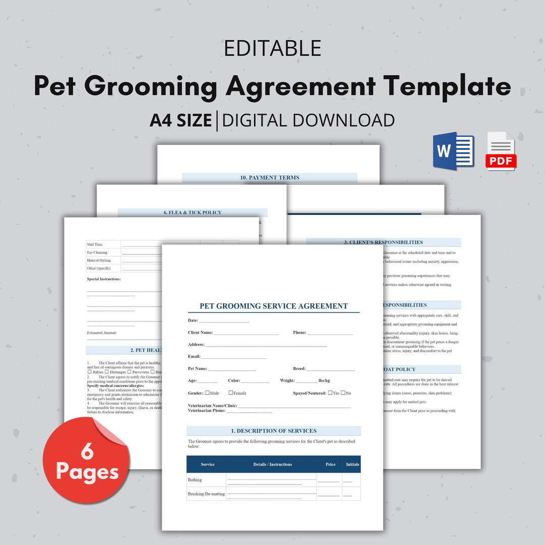 Pet Grooming Agreement Template Animal Care Contract Legal Pet Services ...