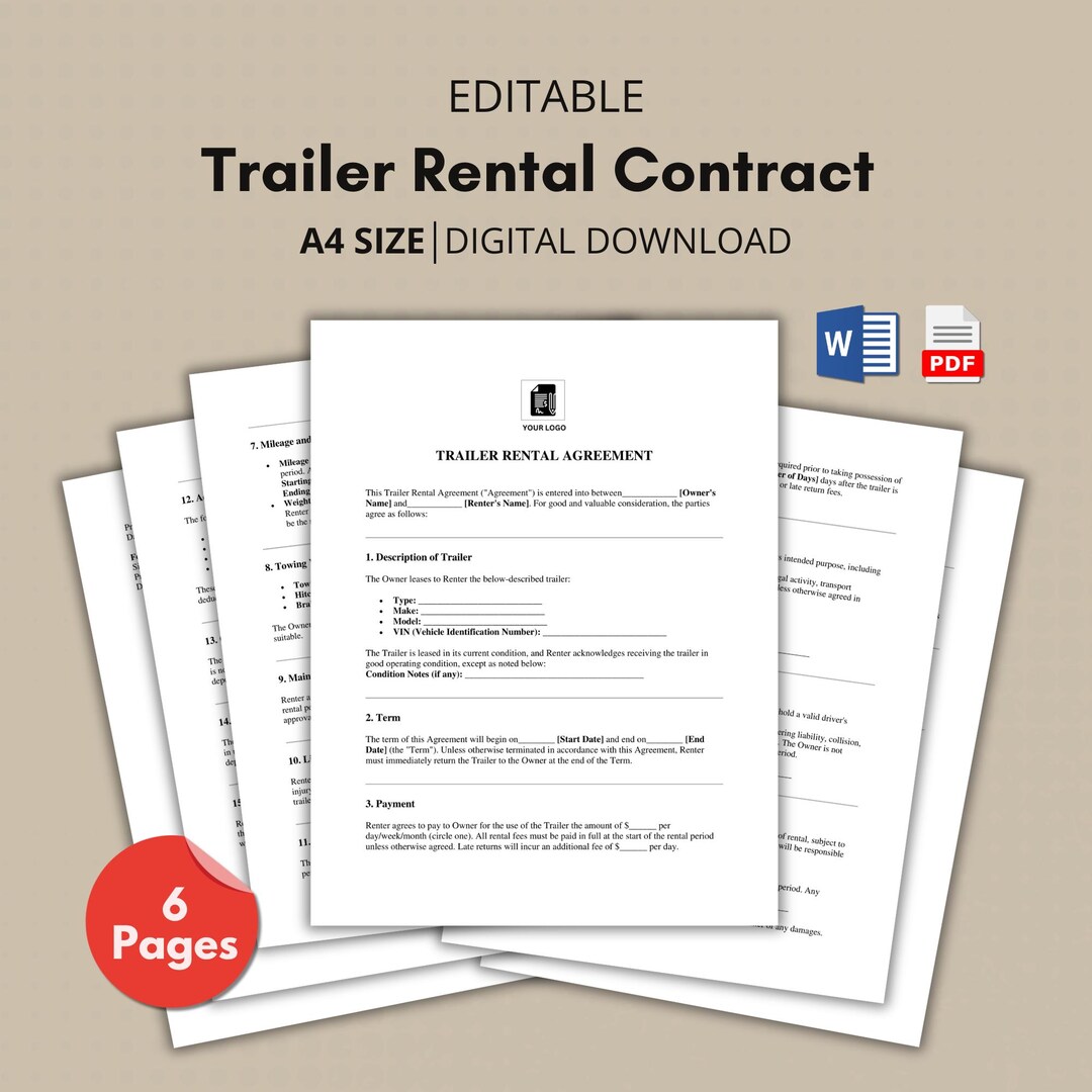 Trailer Rental Contract Template, Trailer Lease Agreement, Rental Form ...