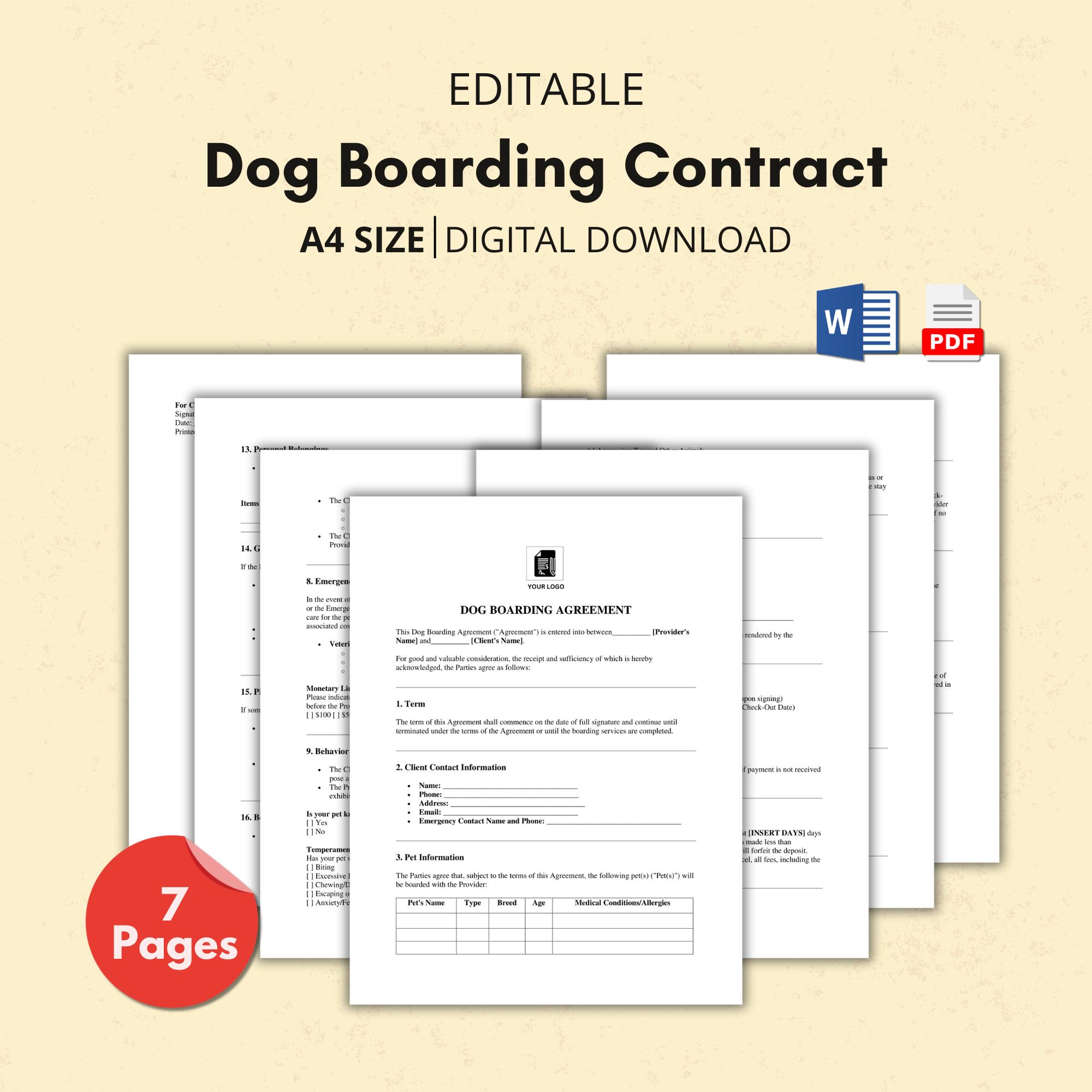 Dog Boarding Contract Template, Pet Boarding Agreement, Dog Boarding ...