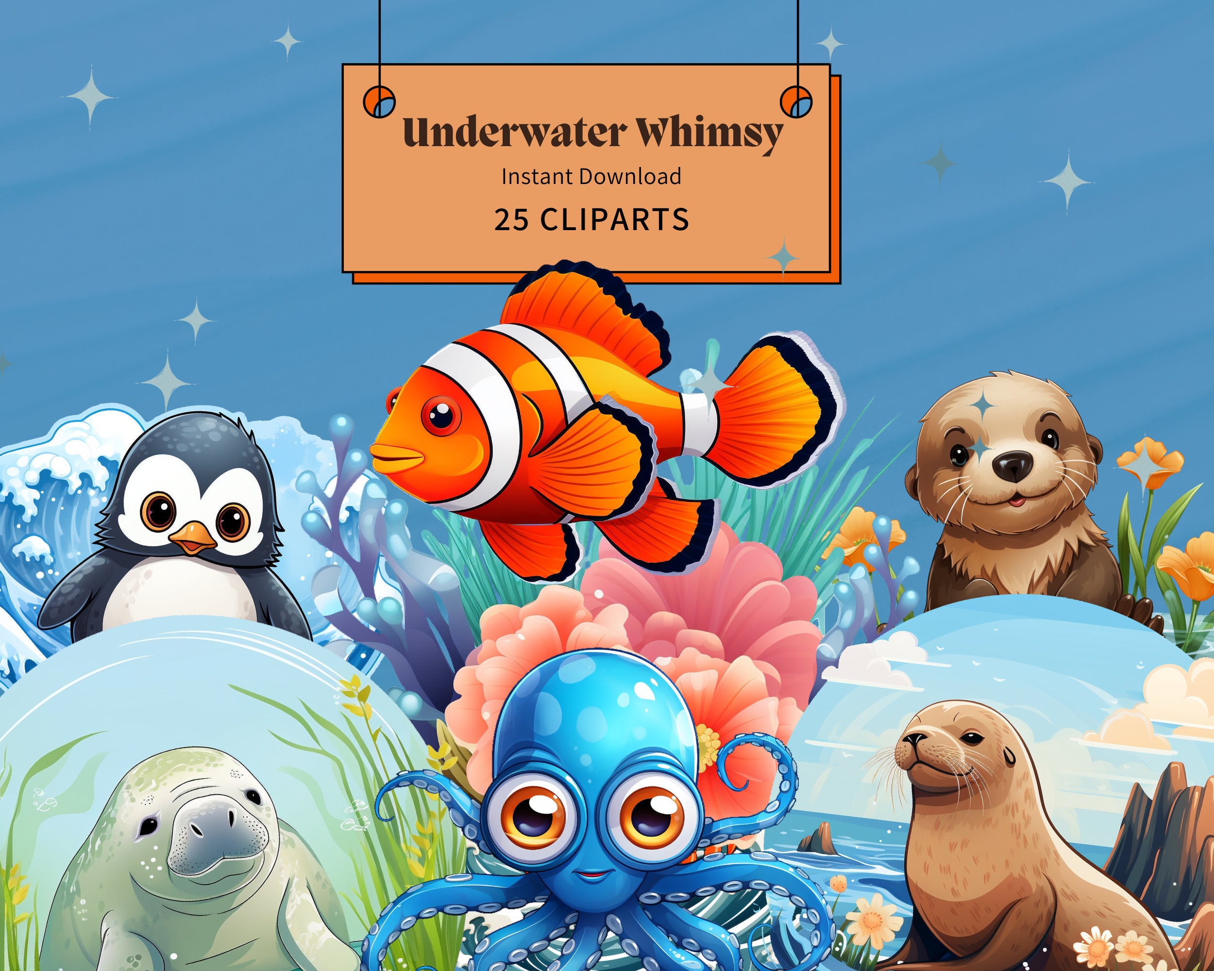 25 Underwater Ocean Animals Clipart Pack Seal, Crabs, Octopus Pngs ...