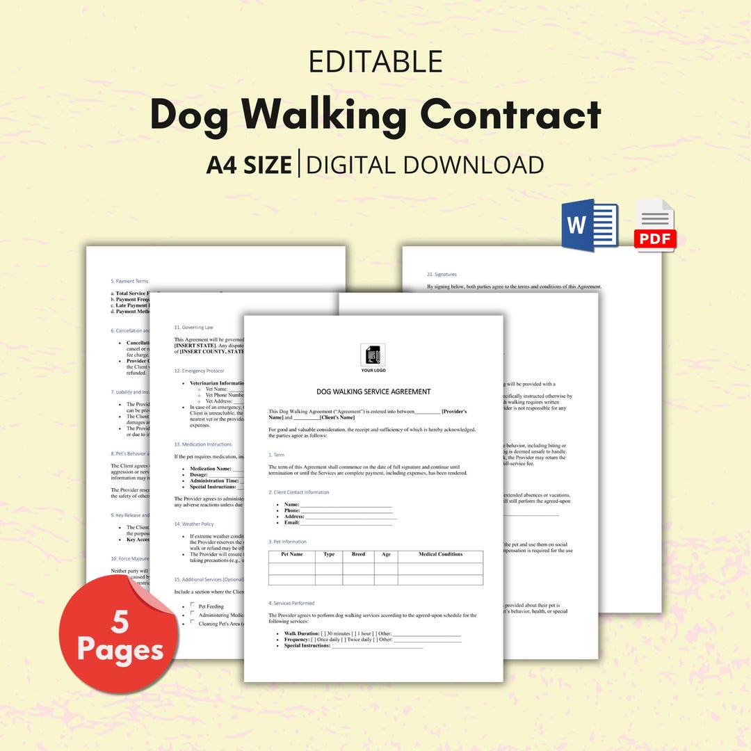 Dog Walking Contract Template, Dog Walker Agreement, Service Form, Dog ...