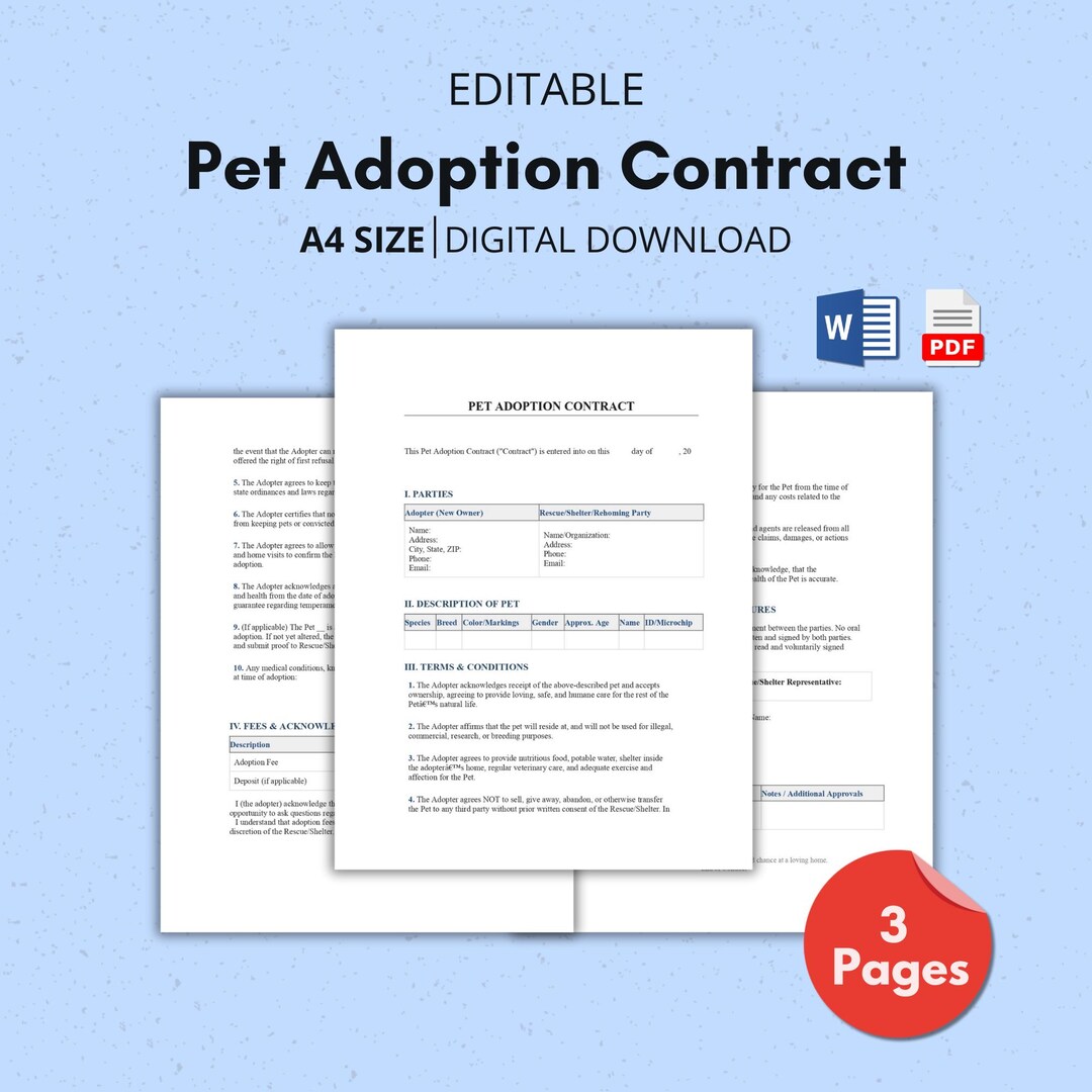 Pet Adoption Contract Template Animal Adoption Agreement Legal Pet ...