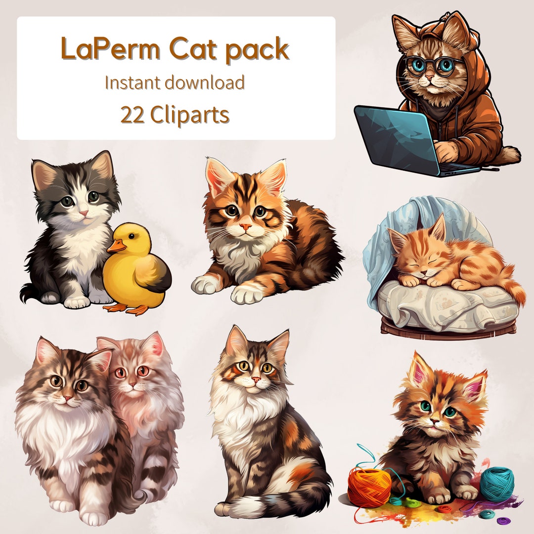 Laperm Cat Clipart Pack 12 High Quality Jpgs Cats Clipart, Card Making ...