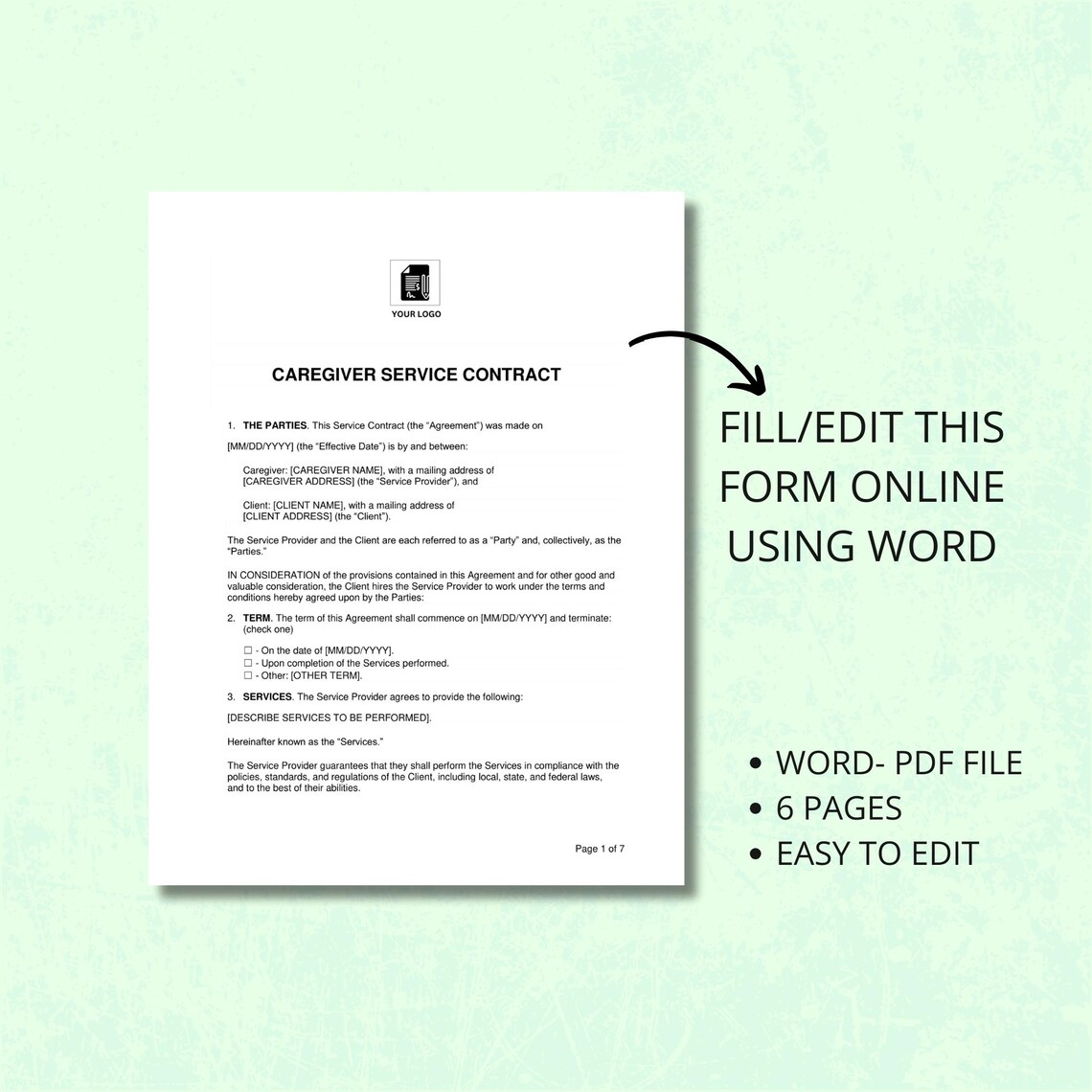 Caregiver Agreement Template, Caregiver Contract, Agreement Form ...