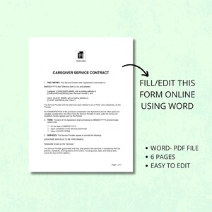 Caregiver Agreement Template, Caregiver Contract, Agreement Form, Caregiver Legal, Elder Care ...