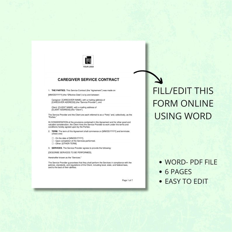 Caregiver Agreement Template, Caregiver Contract, Agreement Form ...