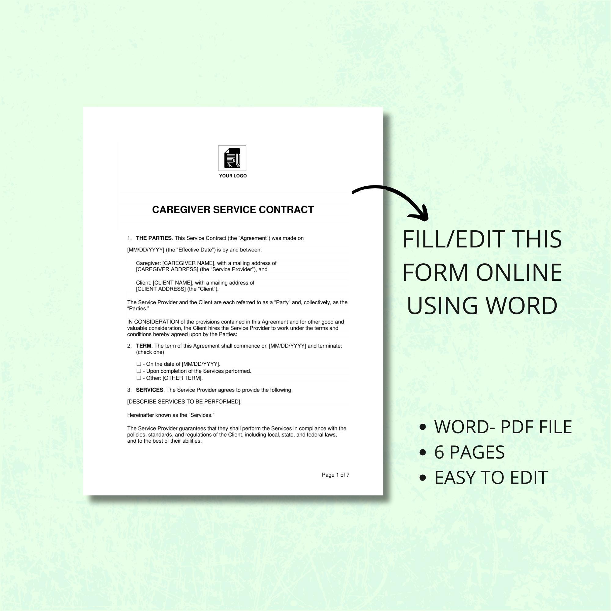 Caregiver Agreement Template, Caregiver Contract, Agreement Form ...