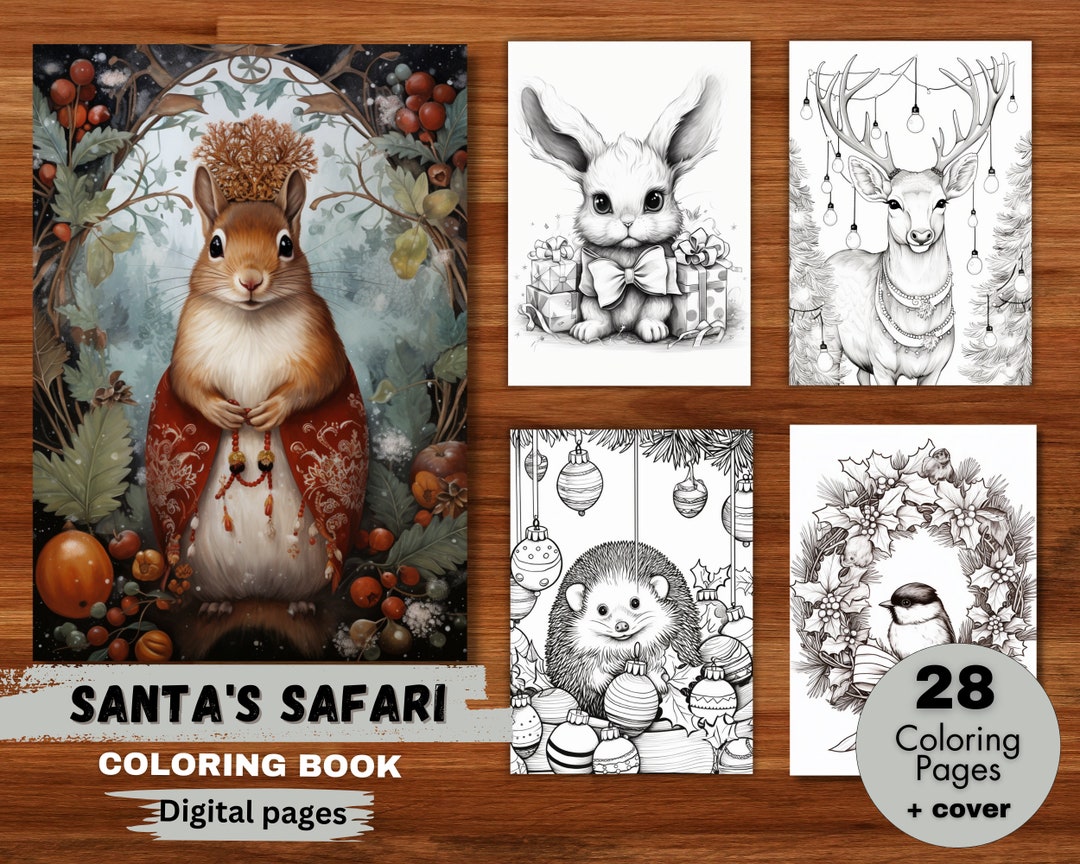 Santa Safari Coloring Book 28 Pages Cute Christmas Animals Line Drawing ...