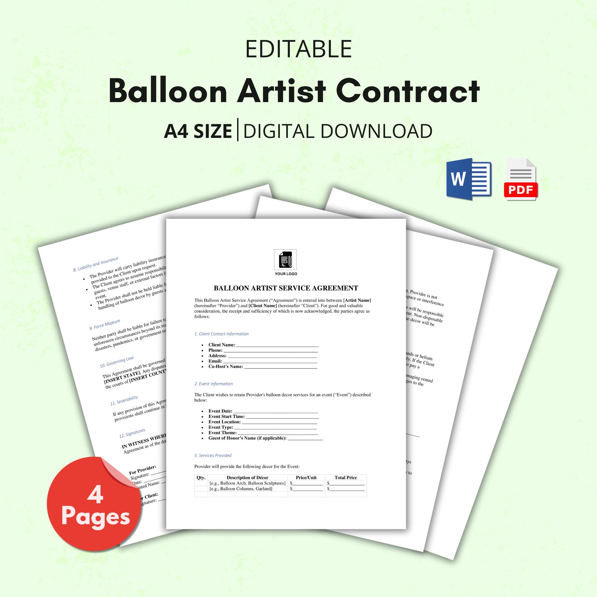 Balloon Artist Contract Template, Balloon Artist Agreement, Event ...