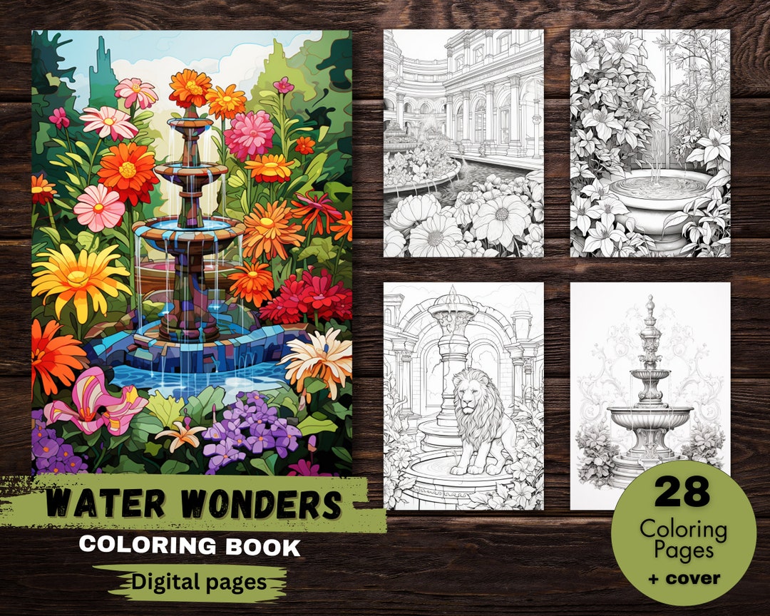 Water Wonders Coloring Book 28 Pages Fountain Line Drawing Natural Pond ...