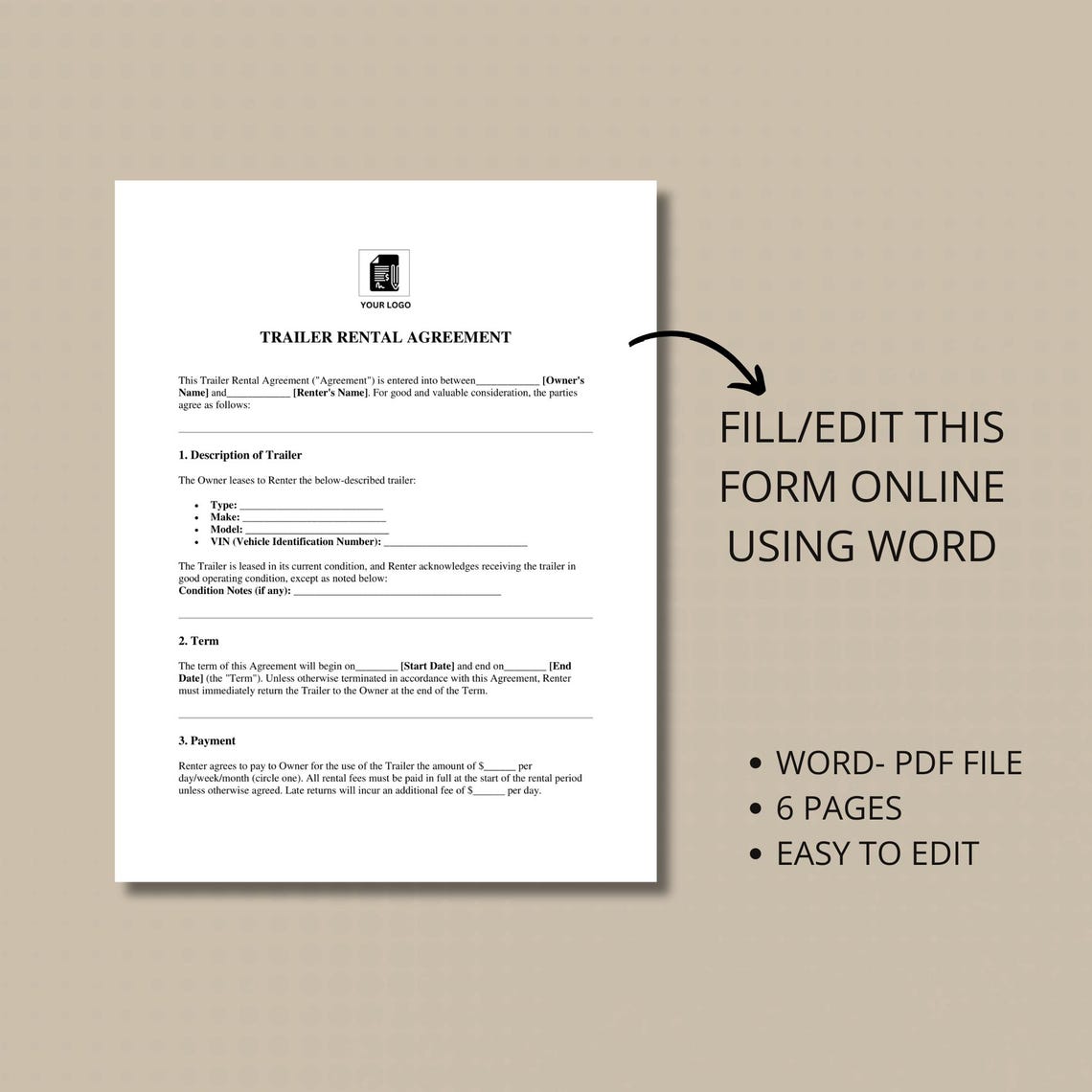 Trailer Rental Contract Template, Trailer Lease Agreement, Rental Form ...