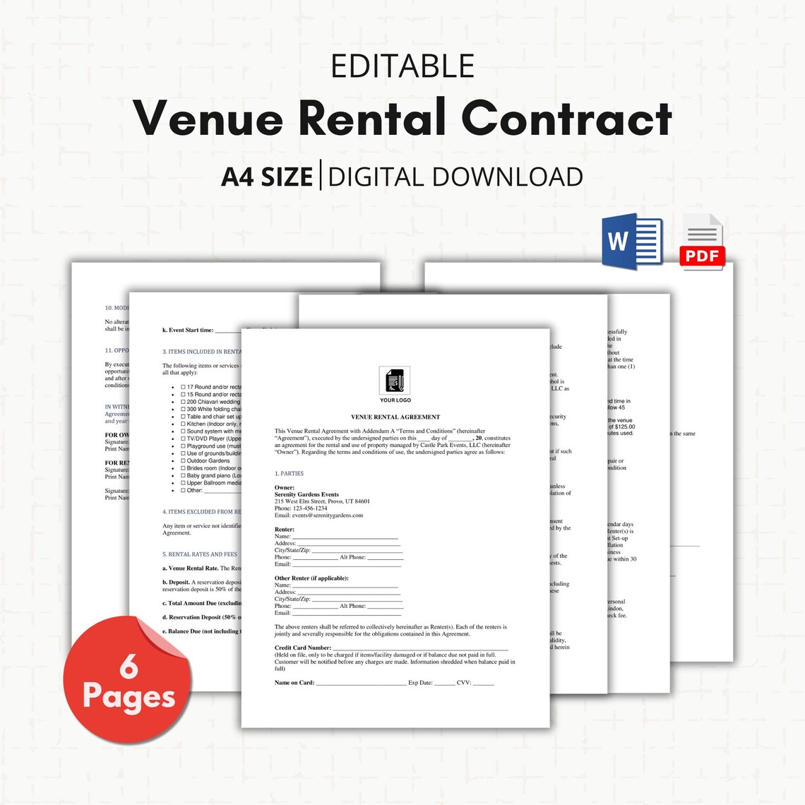 Venue Rental Agreement Template, Event Space Contract, Rental Form ...