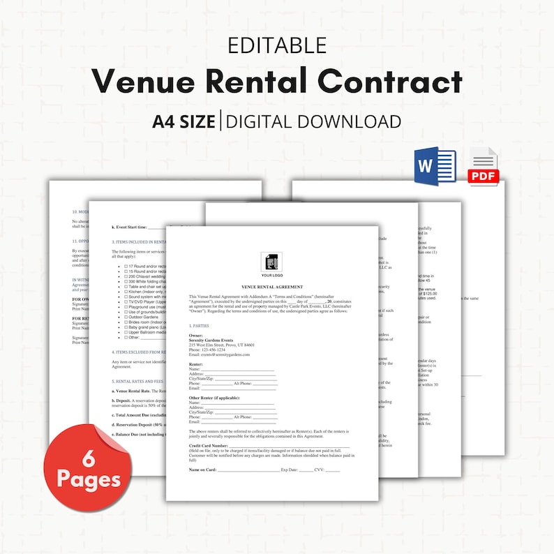 Venue Rental Agreement Template, Event Space Contract, Rental Form ...