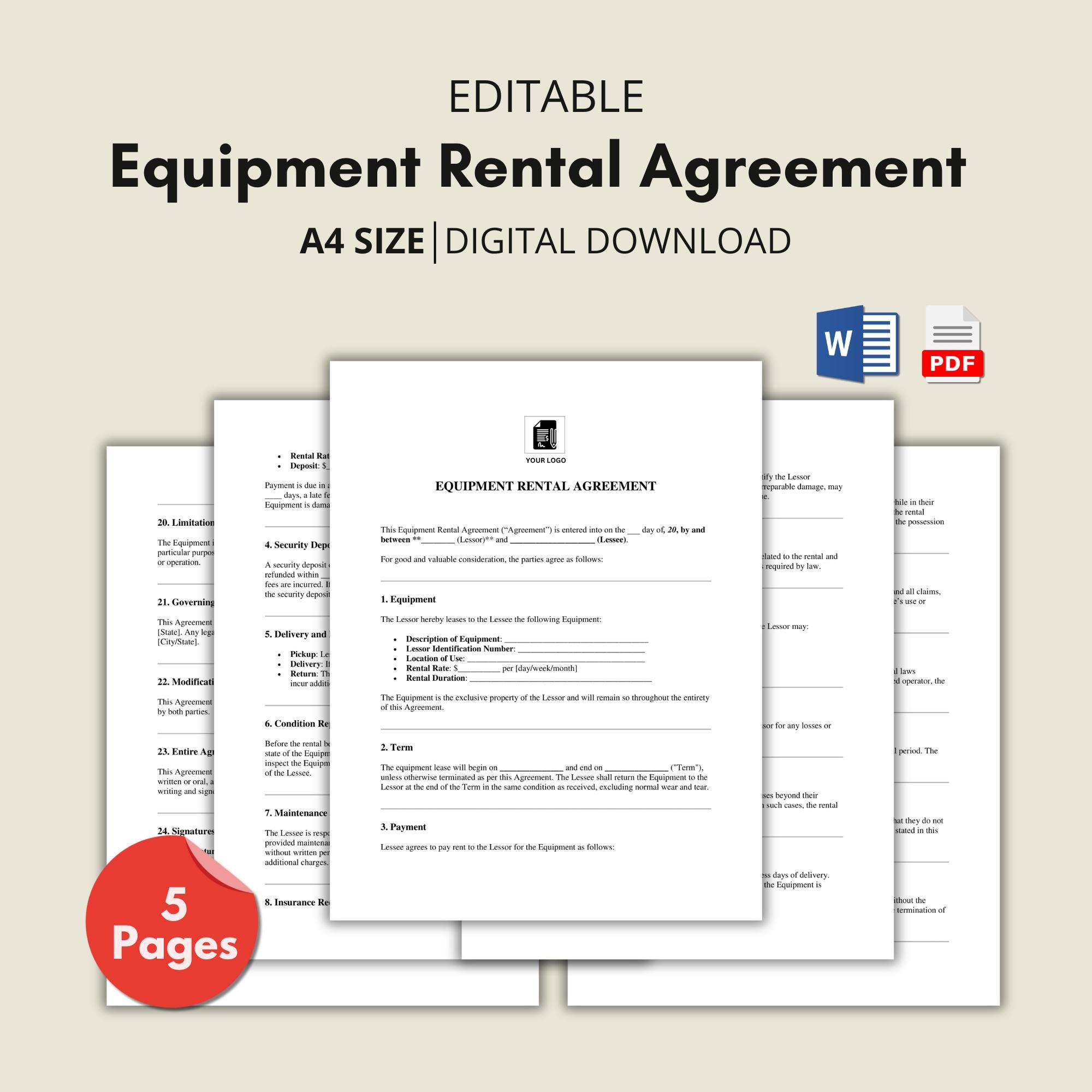Equipment Rental Agreement, Rental Contract, Agreement Form, Equipment ...