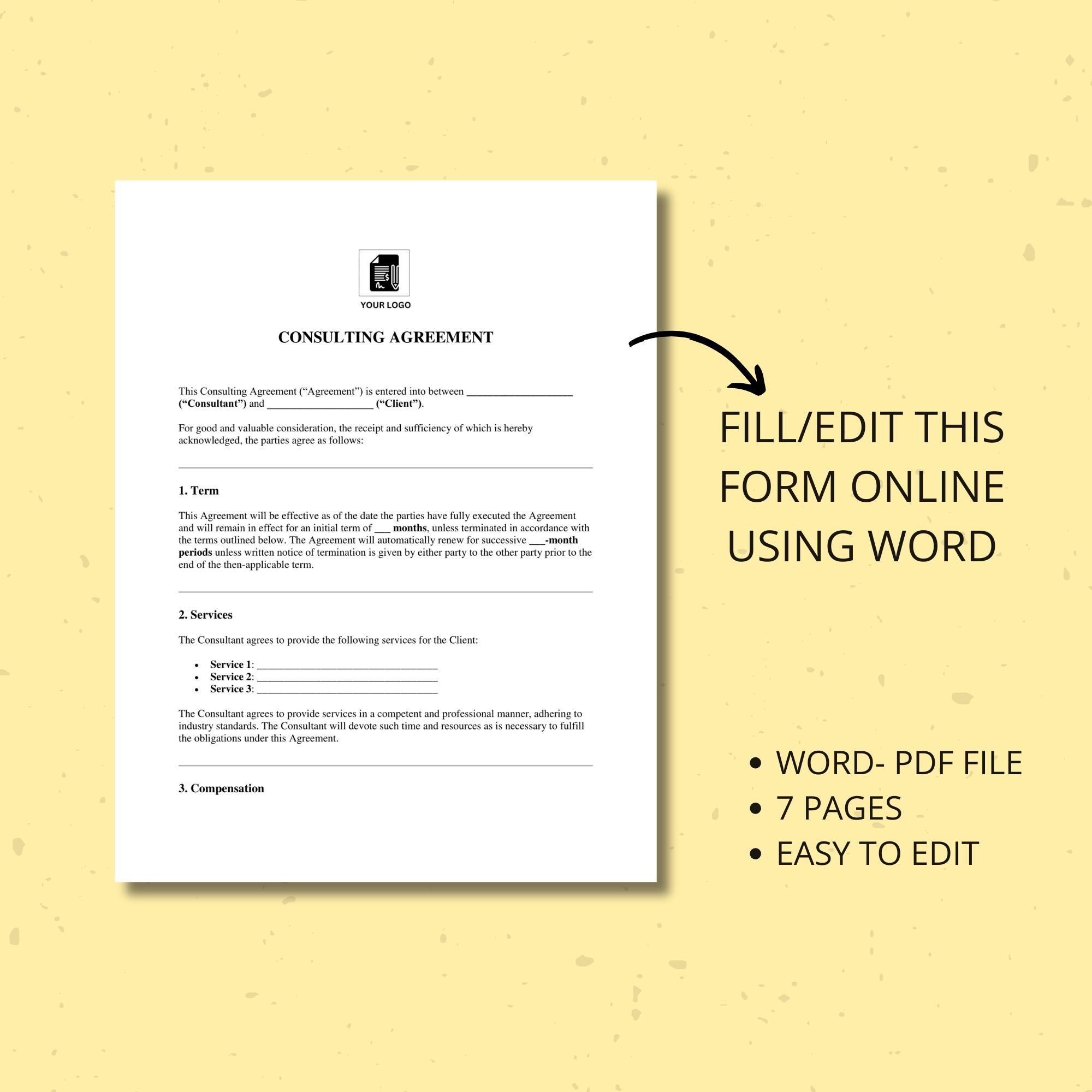 Consultant Contract Agreement Form, Consulting Agreement, Contract ...