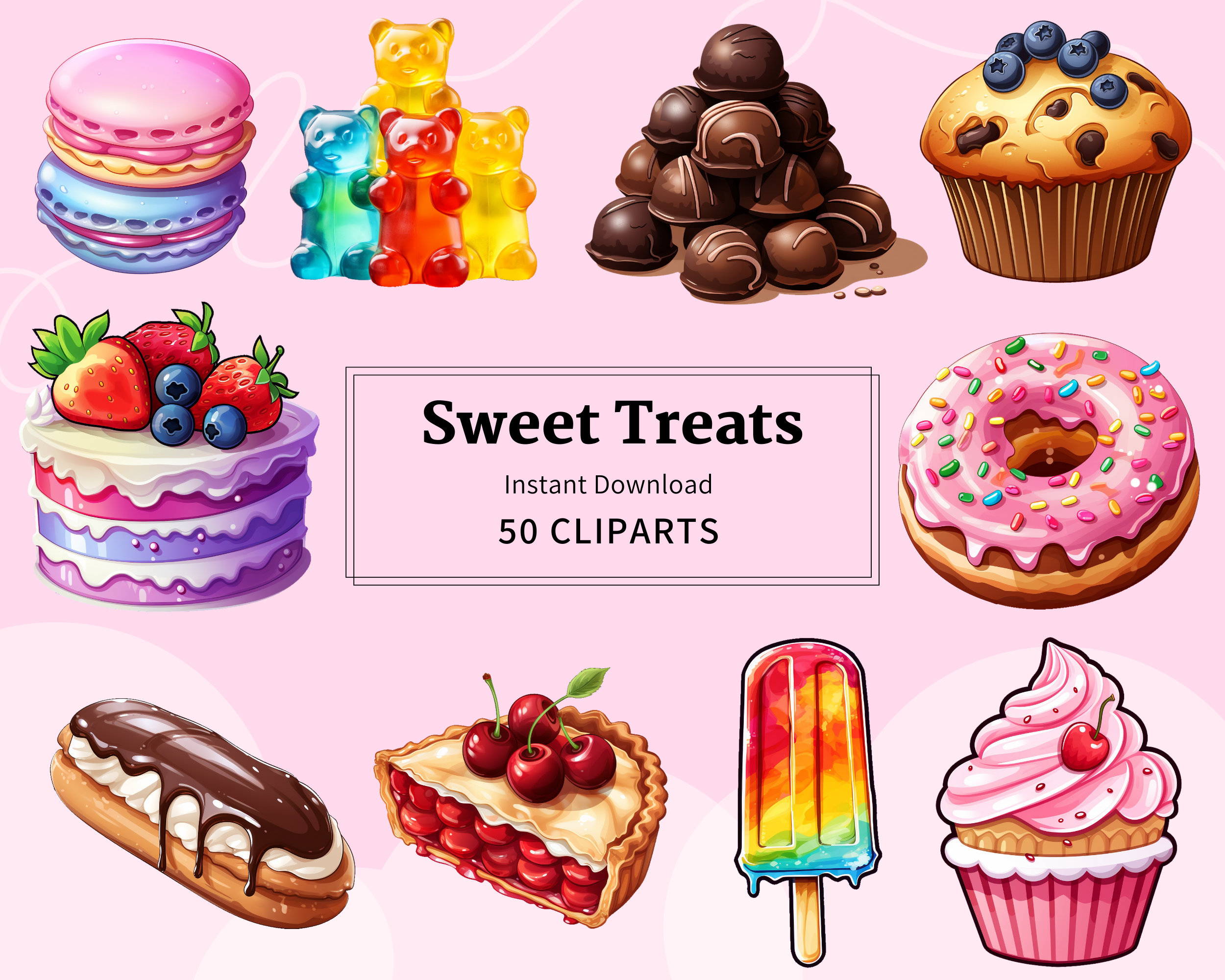 50 Sweet Treats Delight Cliparts Printable Dessert Cakes, Macarons ...