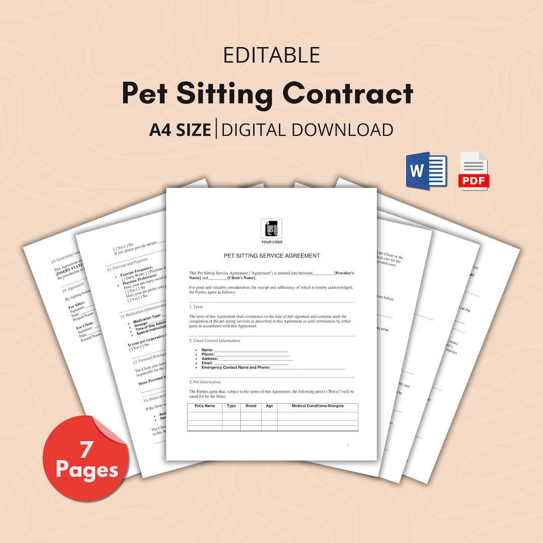 Pet Sitting Contract Template, Pet Care Agreement, Pet Sitting Form ...