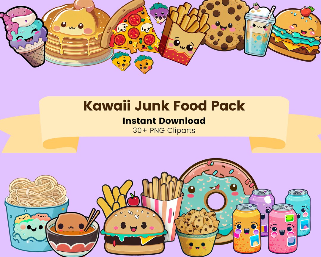 30+ Kawaii Junk Food Sticker & Clipart PNG Pack: Adorable Treats for ...