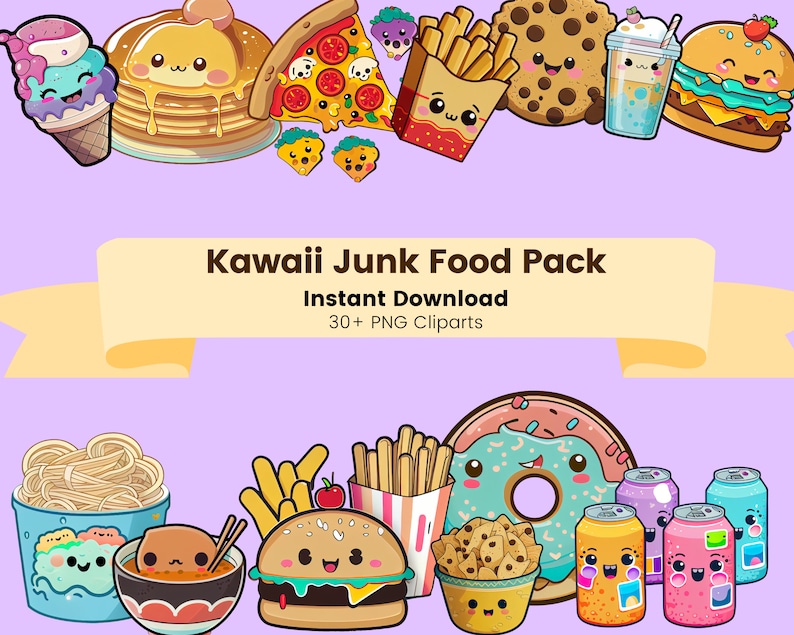 30+ Kawaii Junk Food Sticker & Clipart PNG Pack: Adorable Treats for ...