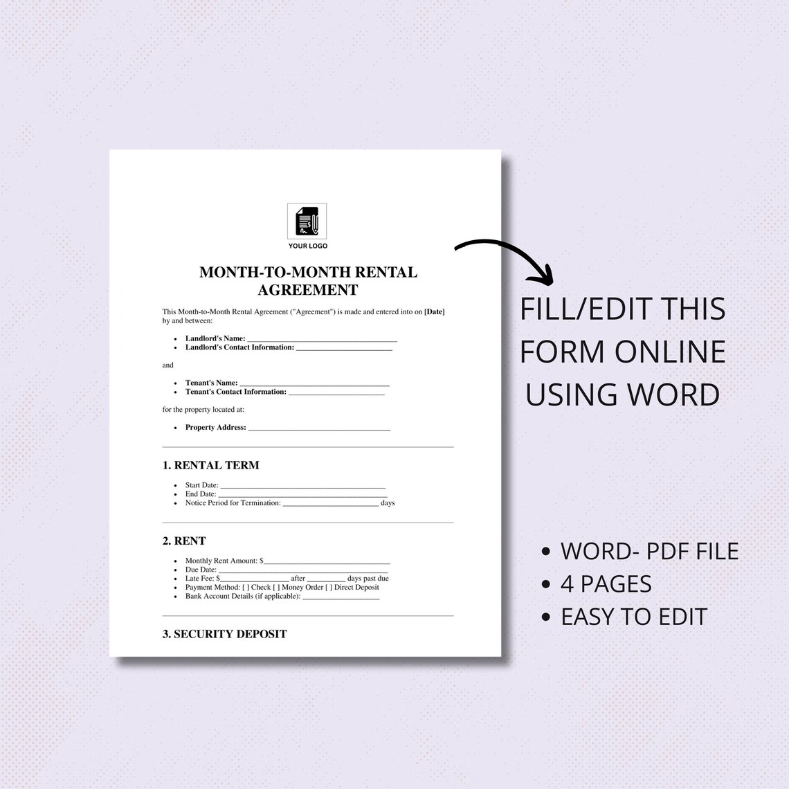 Month-to-month Rental Agreement Template, Lease Contract, Rental Form ...