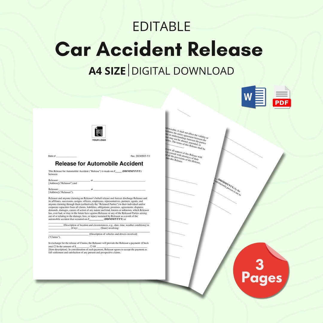 Car Accident Release, Liability Waiver, Legal Release, Editable Form ...