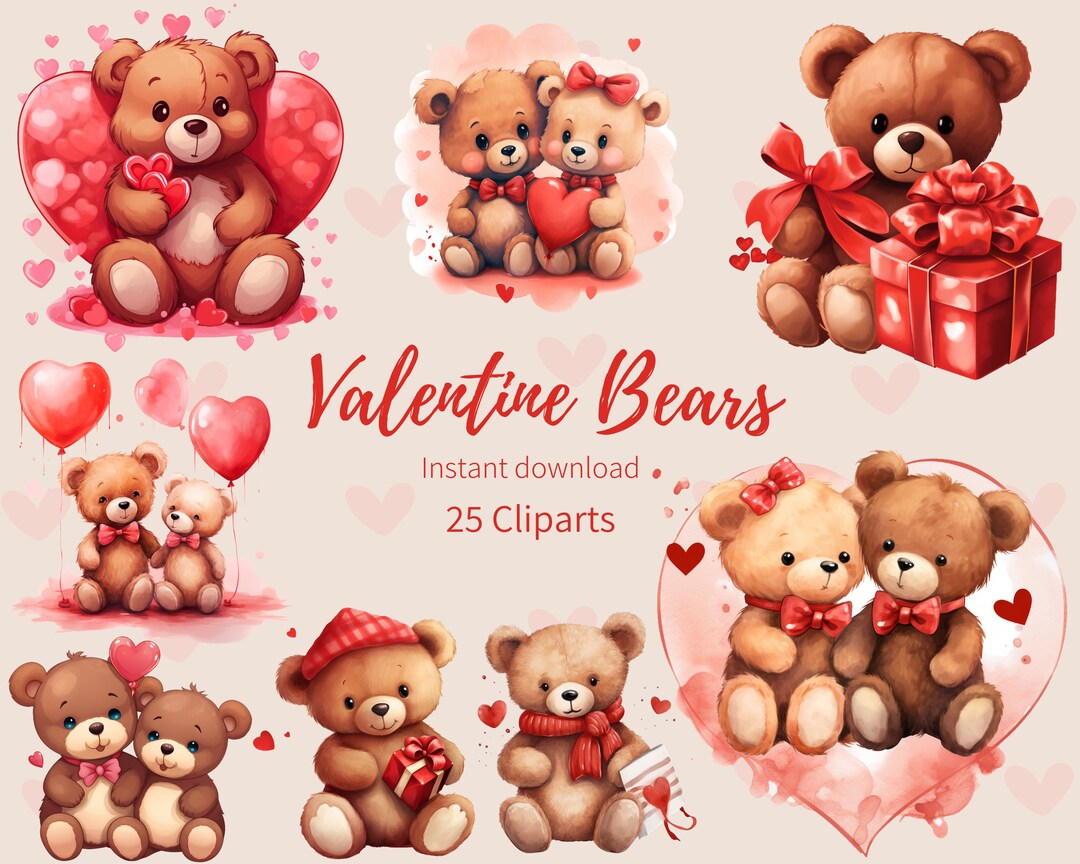 Valentine Bears 25 Cliparts Pack Cute Valentine Bears Pngs Digital ...