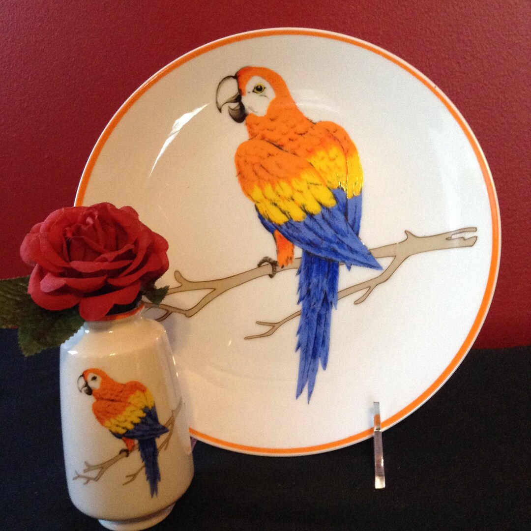 Macaw Parrot Plate & Bud Vase Set: Collectible Ceramic Dish, 8" Plate ...