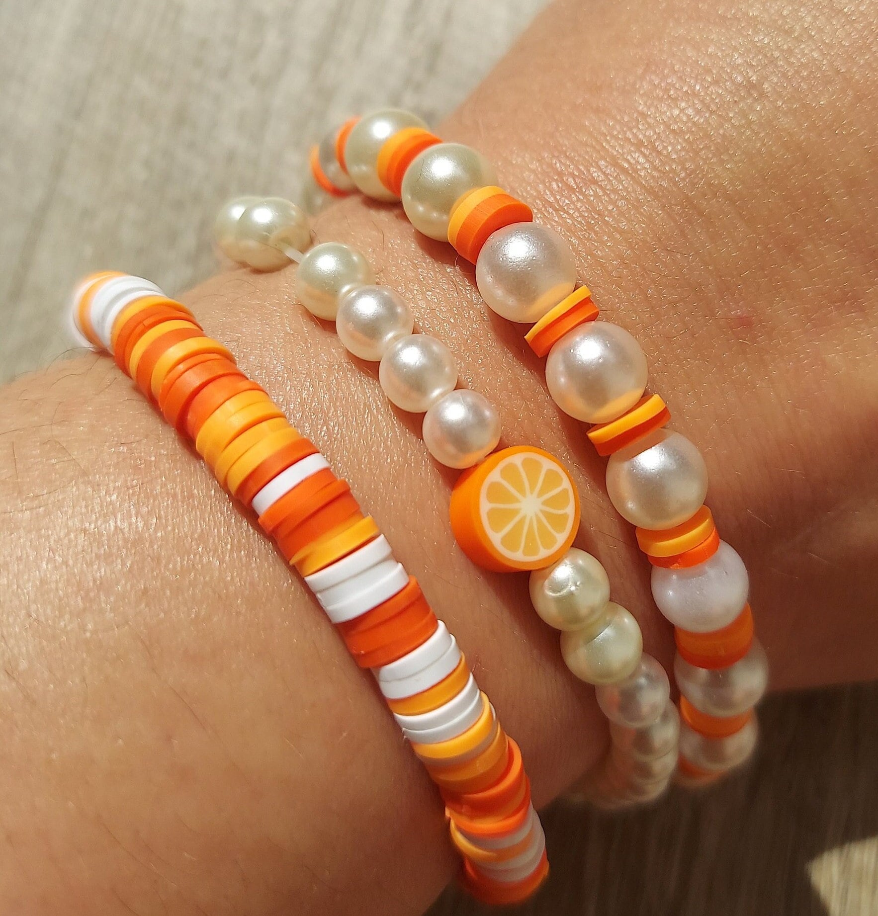 Orange Vibes Trio Set (mixed Clay Beads, Bracelet, Orange, White) - Etsy