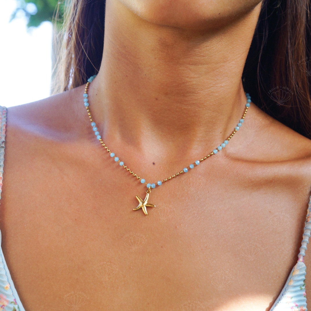 Starfish Beaded Necklace, Waterproof Beach Jewels, Adjustable Length ...