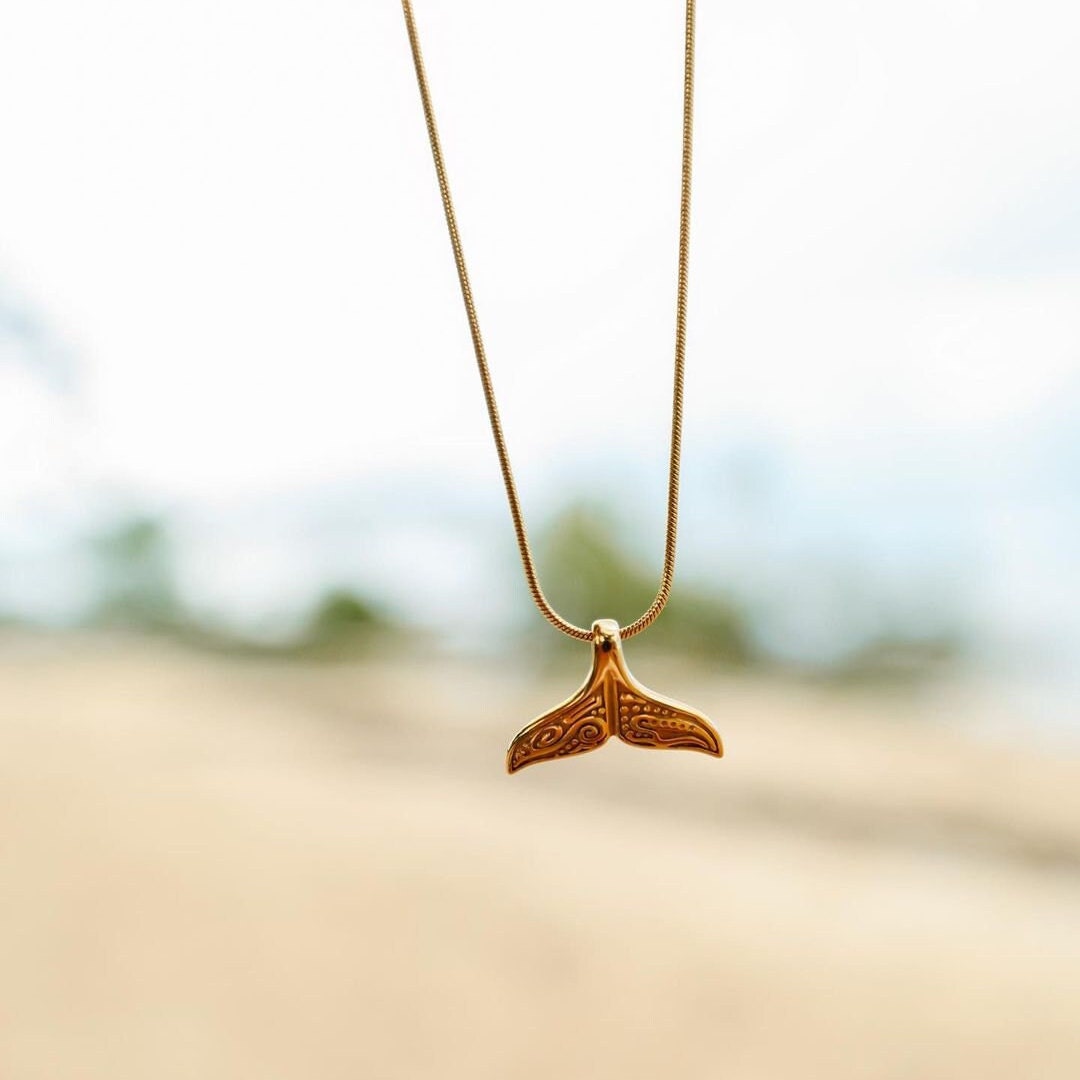 Whale Fluke Necklace, 18K Gold Charm, 50cm Long, Waterproof Beach ...