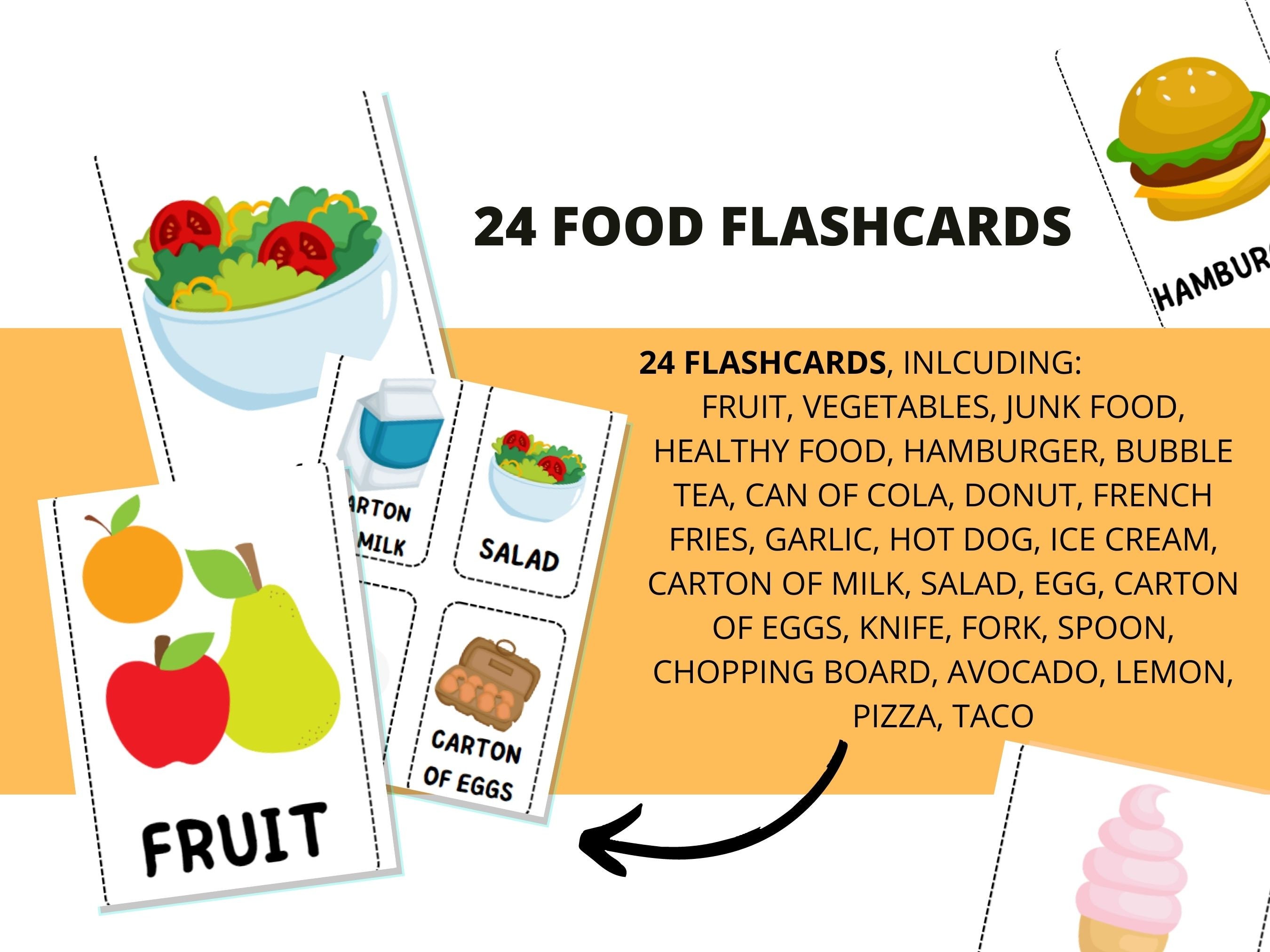 24 Food Flashcards With FREE Coloring Pages ESL Digital - Etsy