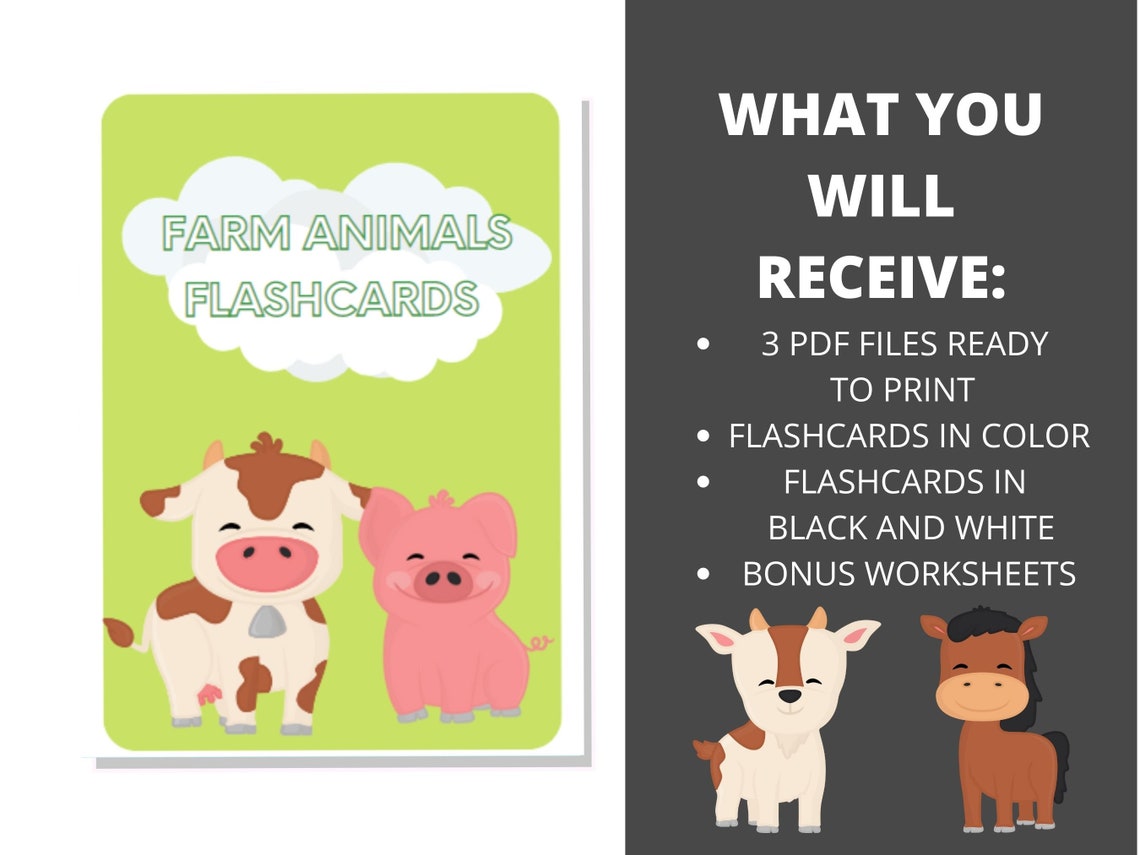 Printable Farm Animals Flashcards BONUS Free Worksheets ESL Animal ...
