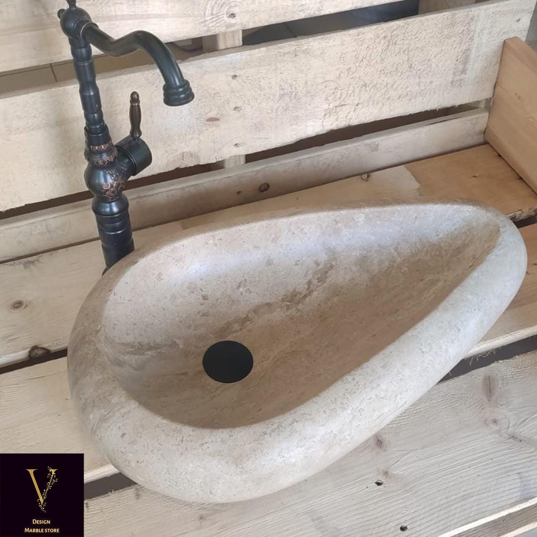 Travertine Pebble Sink - 100% Natural Stone - Handcrafted - Marble Sink ...