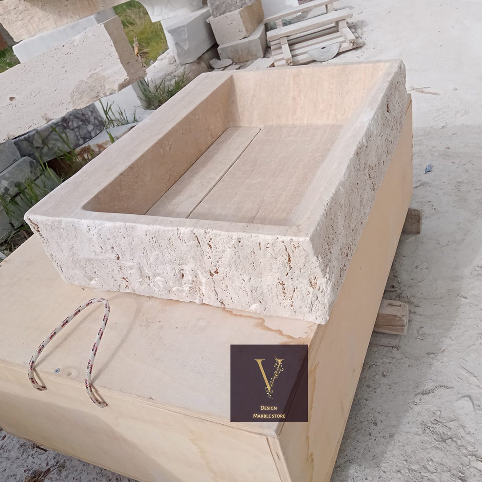 Travertine Rustic Mini Rectangular Sink Hidden Drain 100% Natural Stone ...