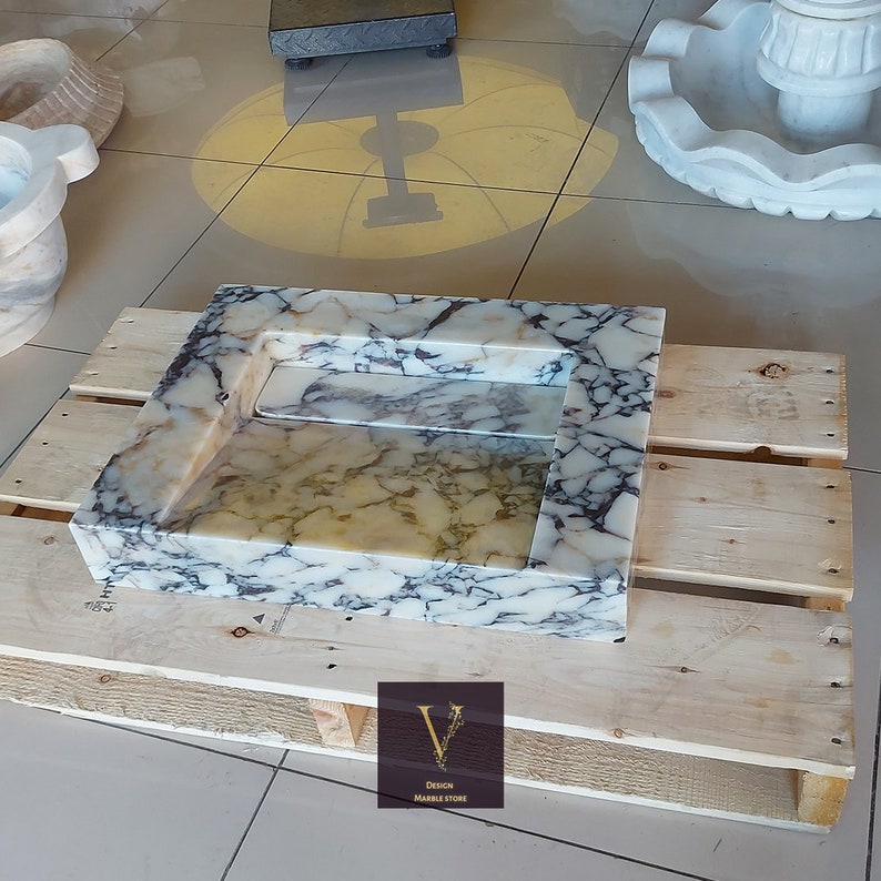 Calacatta Viola Marble Sink Hidden Drain With Facuet Holes 100% Natural ...