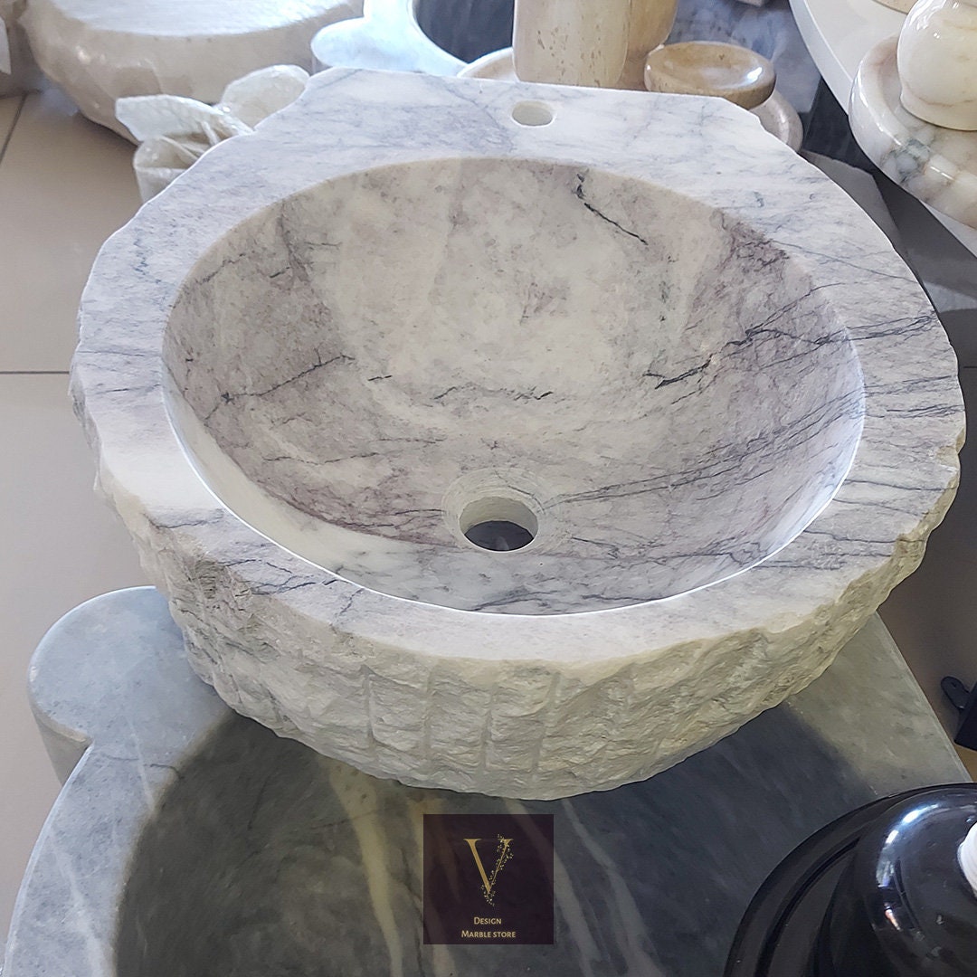 Calacatta Marble Washbasin - Split Face - With Faucet Hole - 100% ...