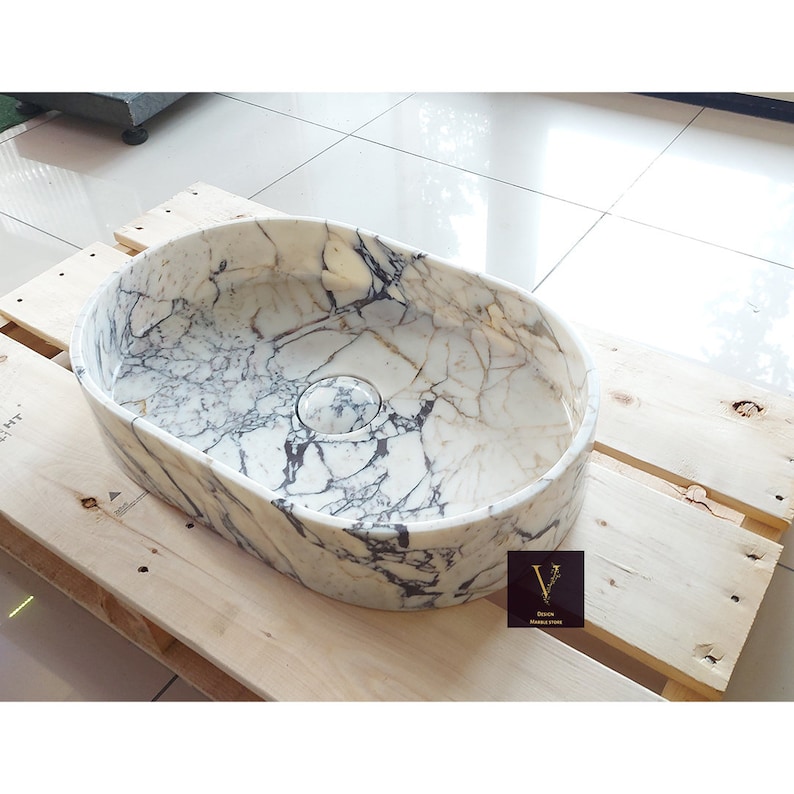 Calacatta Viola Oval Sink Hidden Drain Handcrafted marble Wash Basin ...