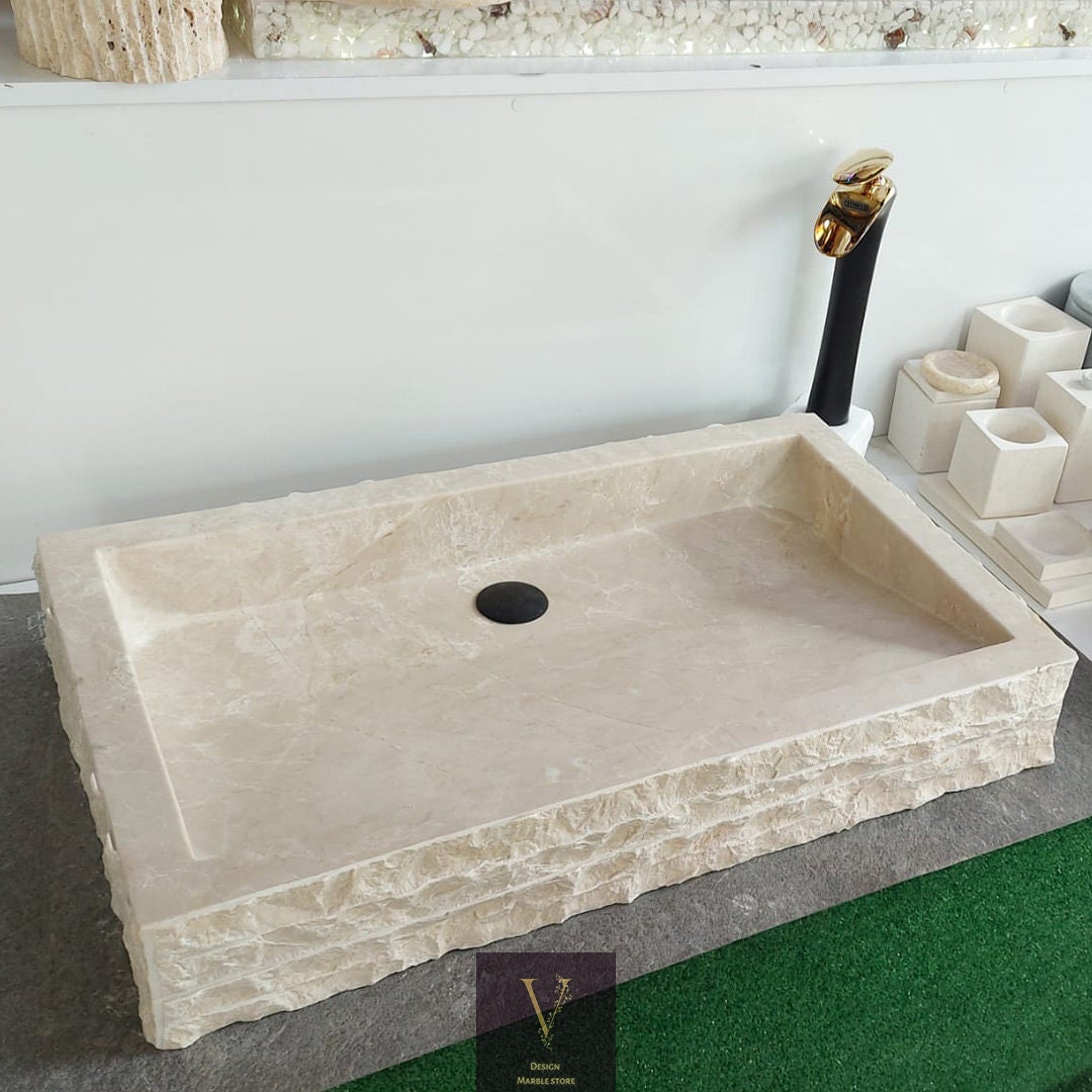 Beige Marble Rectangular Sink - Split Face Exterior - 100% Natural ...