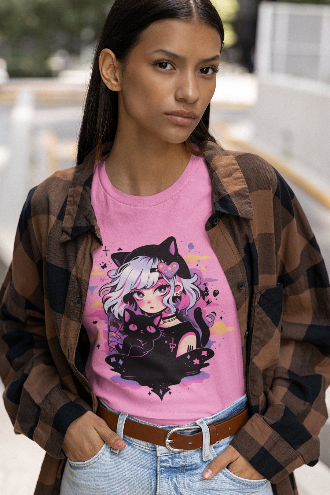 Pastel Goth Girl With Black Cat T-shirt, Teen Girl Shirt, Pastel Goth ...