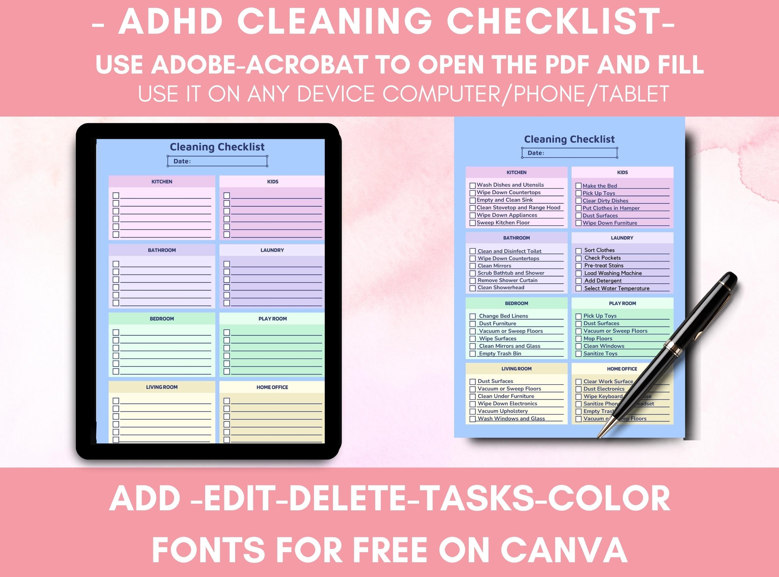ADHD Cleaning Checklist Room by Room Cleaning Schedule Template Gift ...