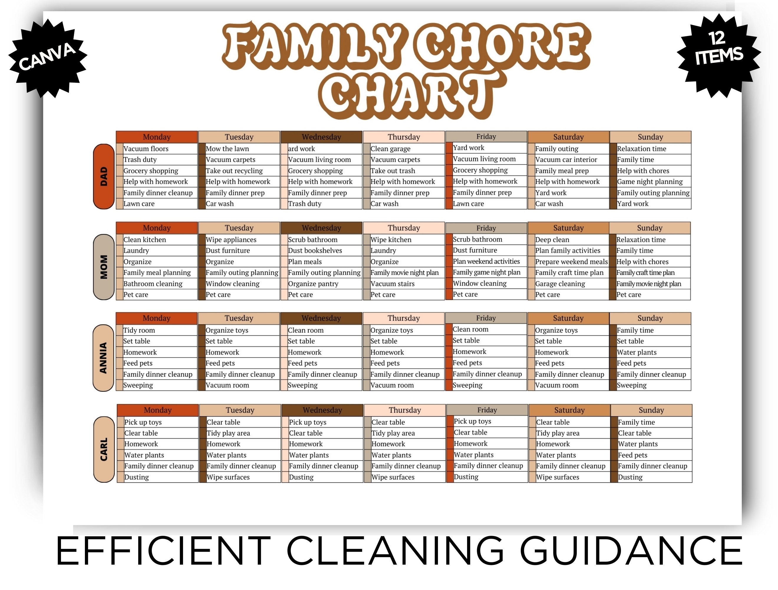 Customizable Weekly Family Chore Chart, Canva Template,printable Adult ...