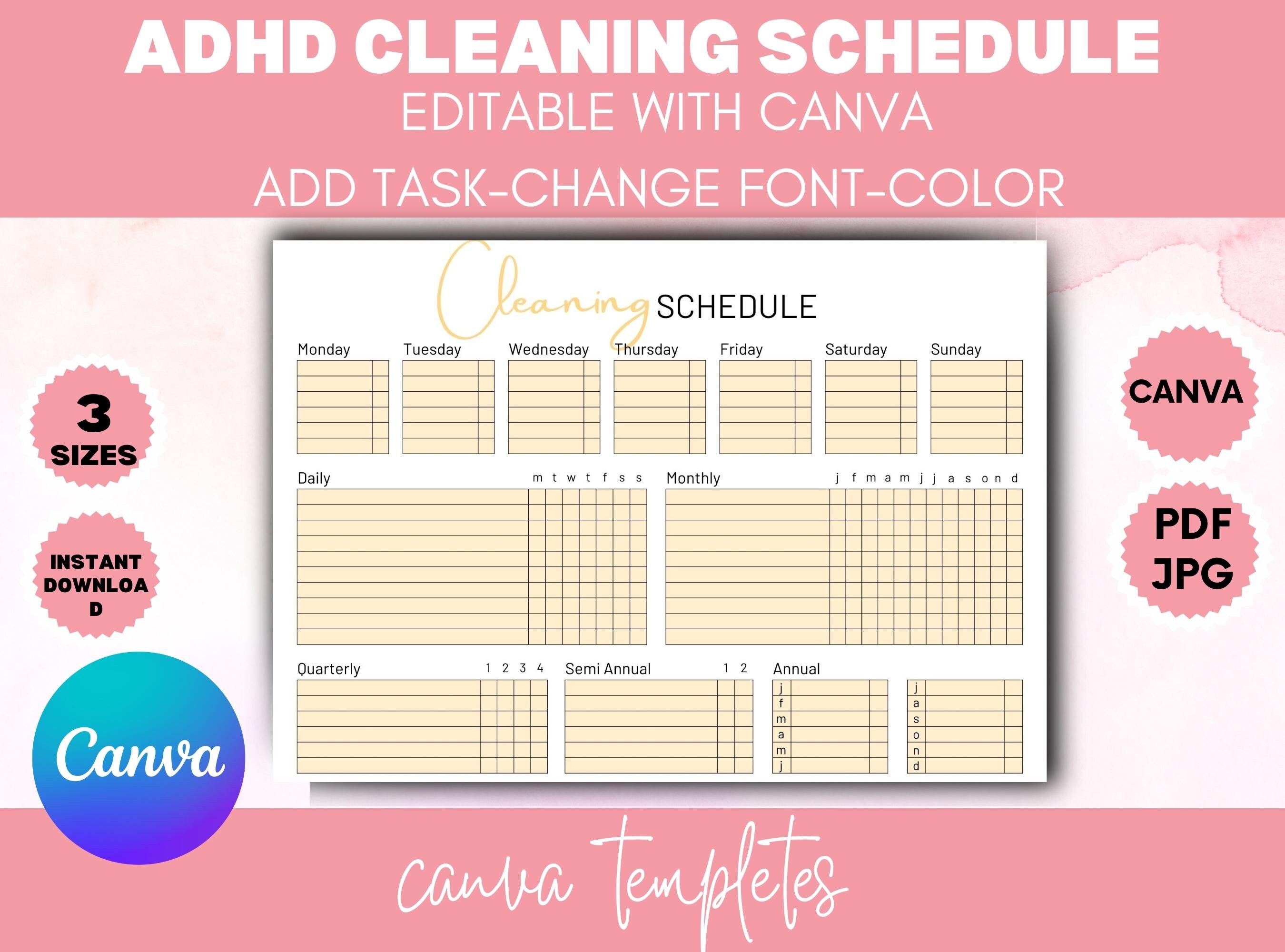 ADHD Cleaning Checklist Daily Weekly Monthly Editable Cleaning Schedule ...