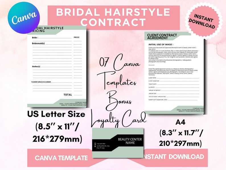 Bridal Hair Contract CANVA Template,editable Wedding Party Service ...