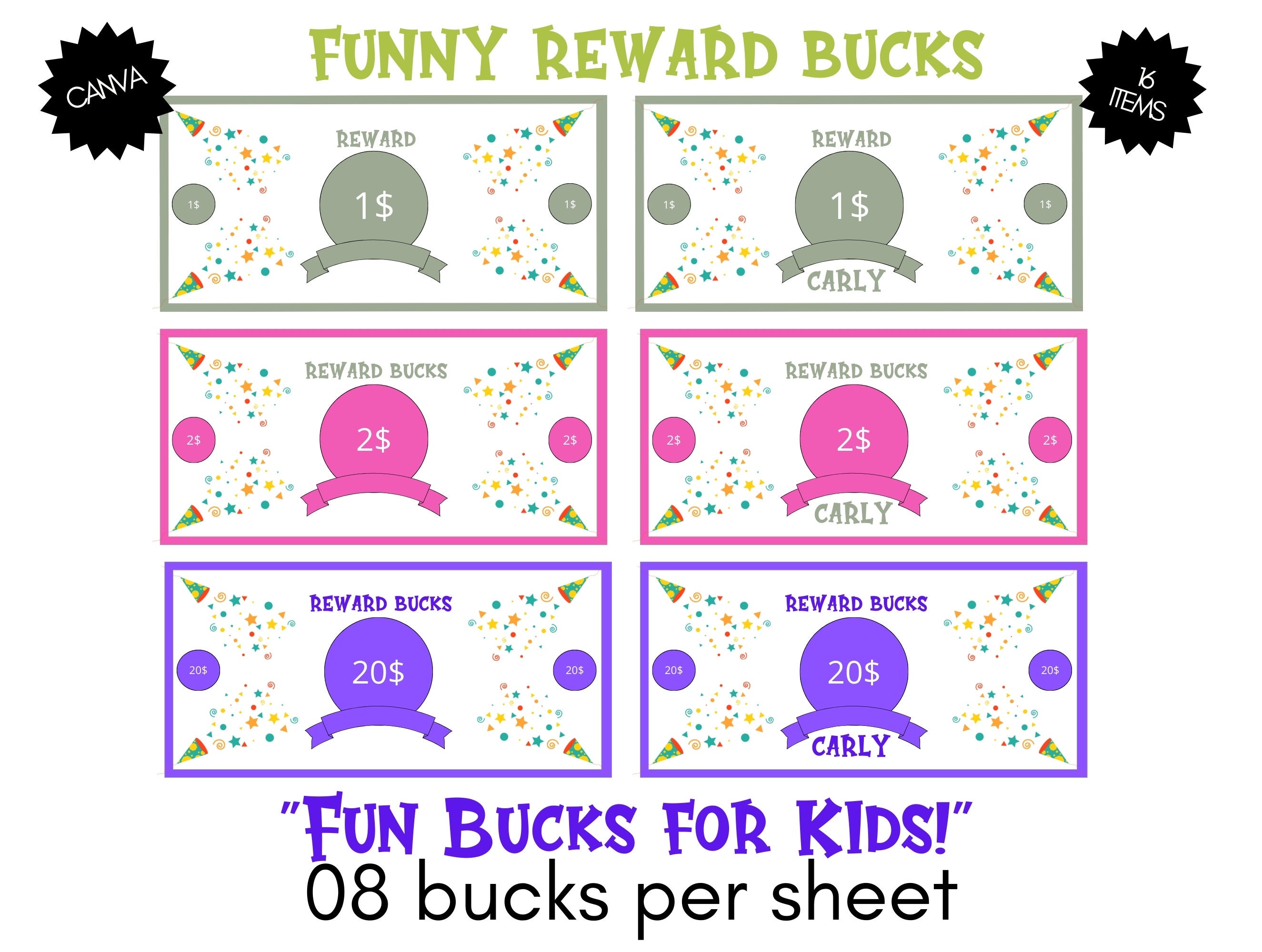 Editable Kids Reward Bucks and Chart, Personalized Colorful Chore Chart ...