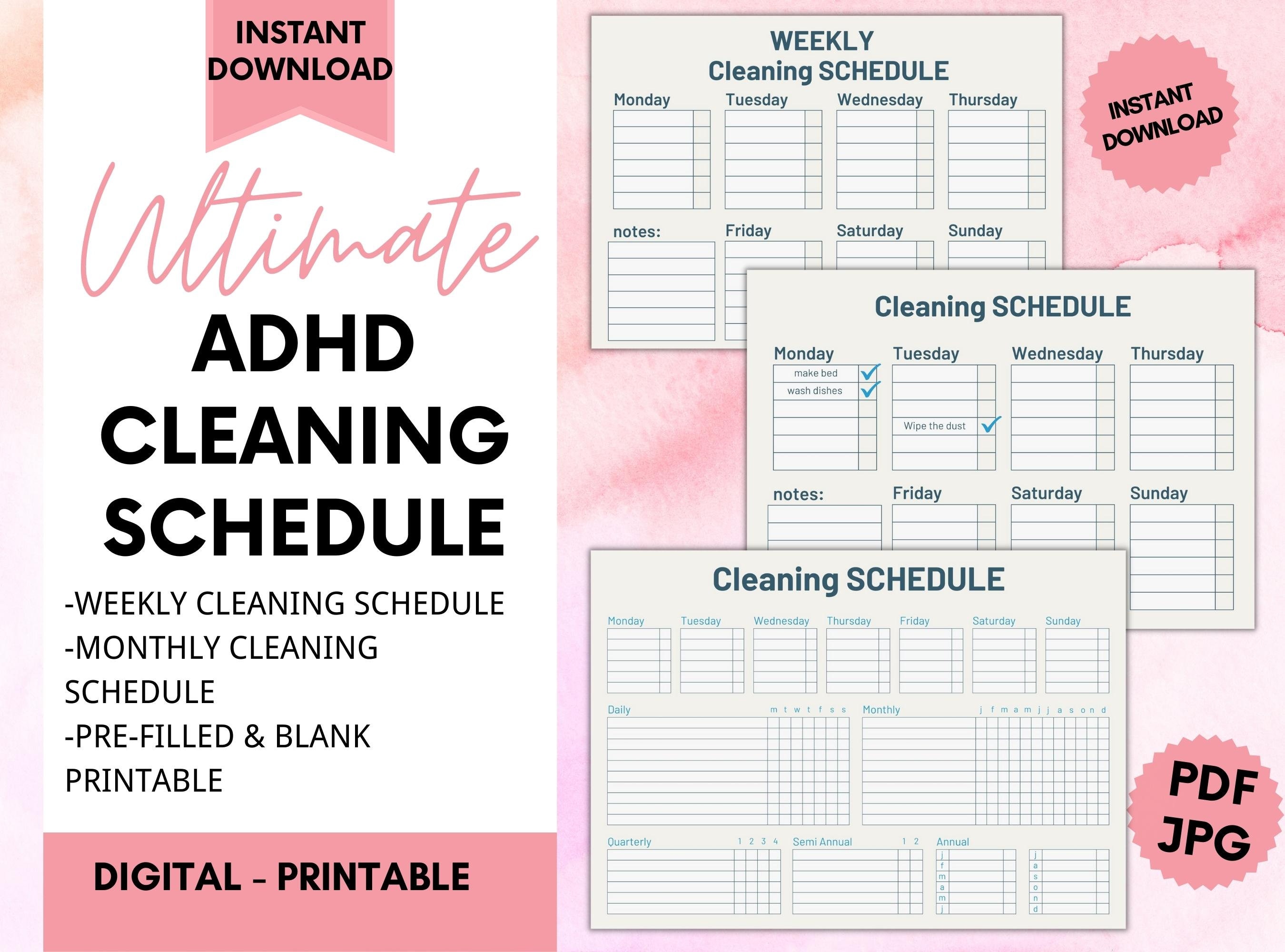 ADHD Cleaning Schedule Printable, Cleaning Checklist Gift for Mom ...