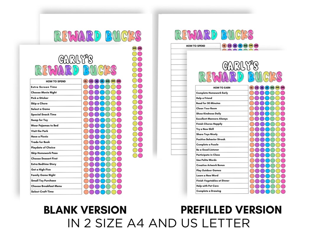 Editable Kids Reward Bucks and Chart, Personalized Rainbow Chore Chart ...