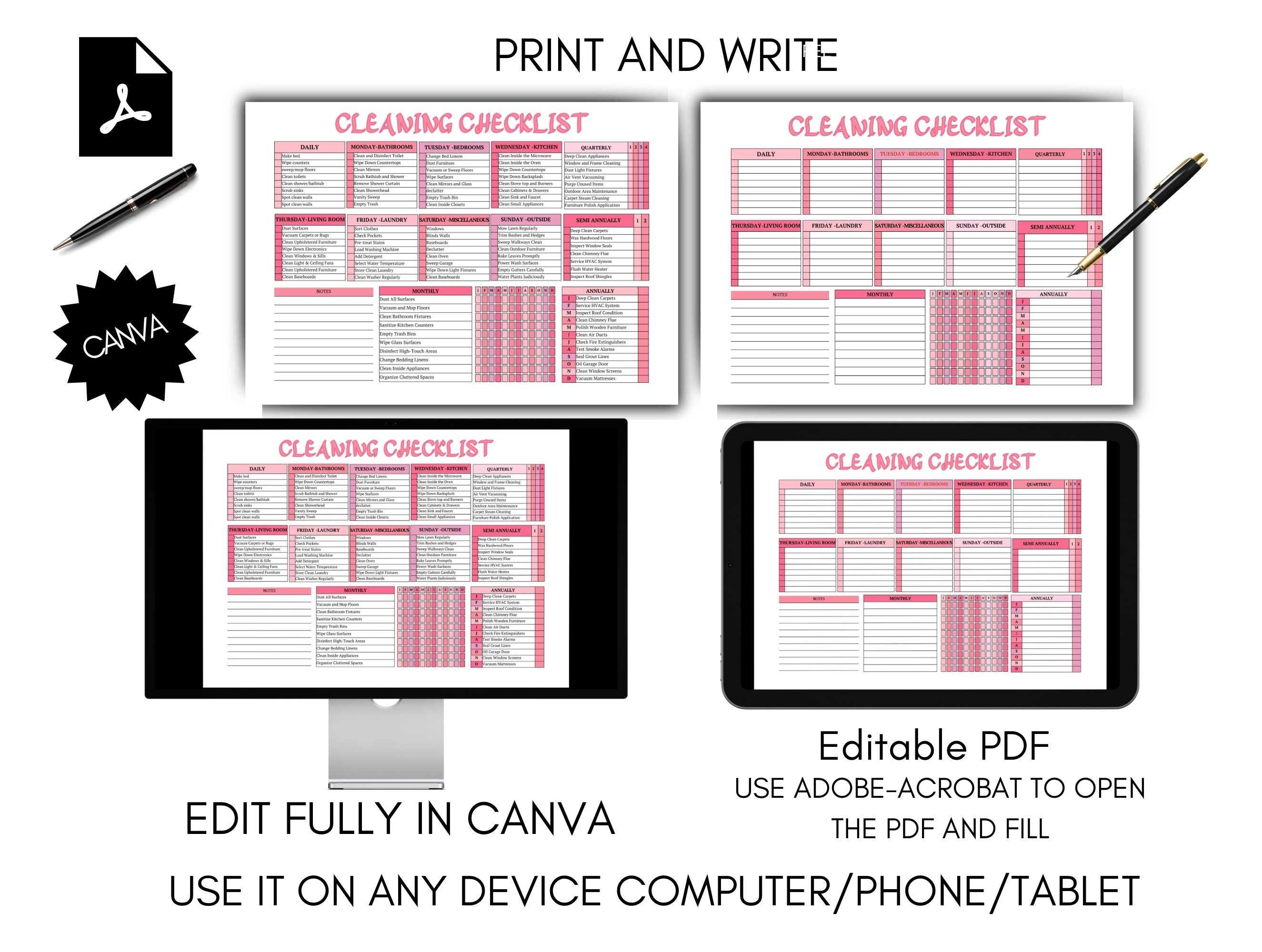 CUTE Pink Cleaning Checklist, Simplify Your Cleaning Schedule With This ...